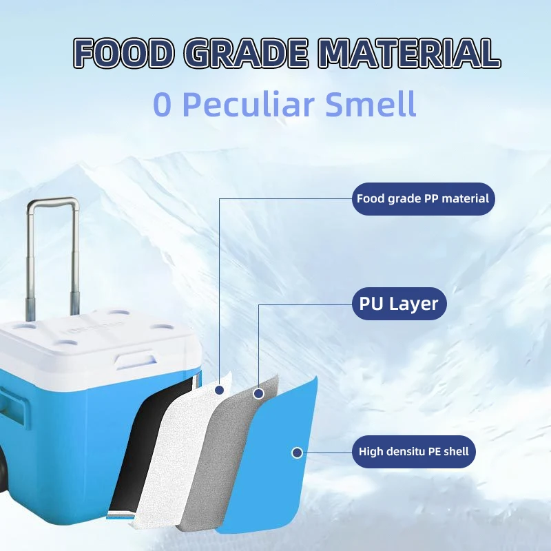 52L Outdoor Ice Box Cooler Wheeled Camping Insulated Ice Cooler Box ...