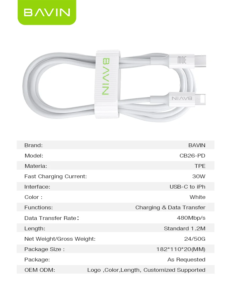 Bavin Wholesale Price 1.2m Usb Type C To 8 Pin Ios Mobile Phone Pd 30w ...