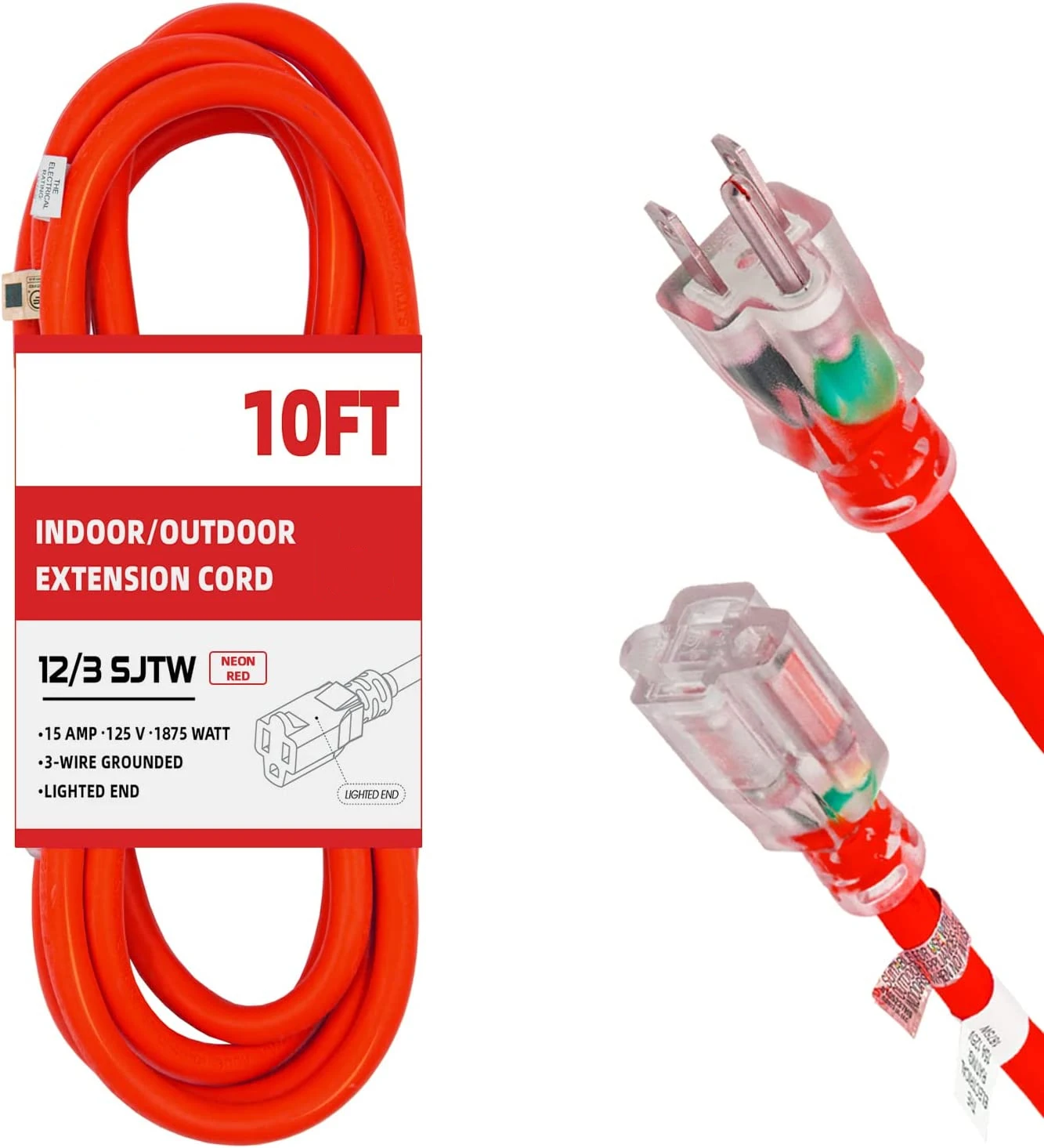 10ft Lighted Outdoor Extension Cord 12 Gauge 3 Prong Sjtw Heavy Duty ...