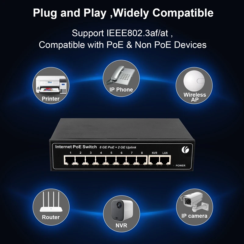 Vcom 8 Ports Desktop Network Switcher Metal Case 10/100mbps Adapter ...