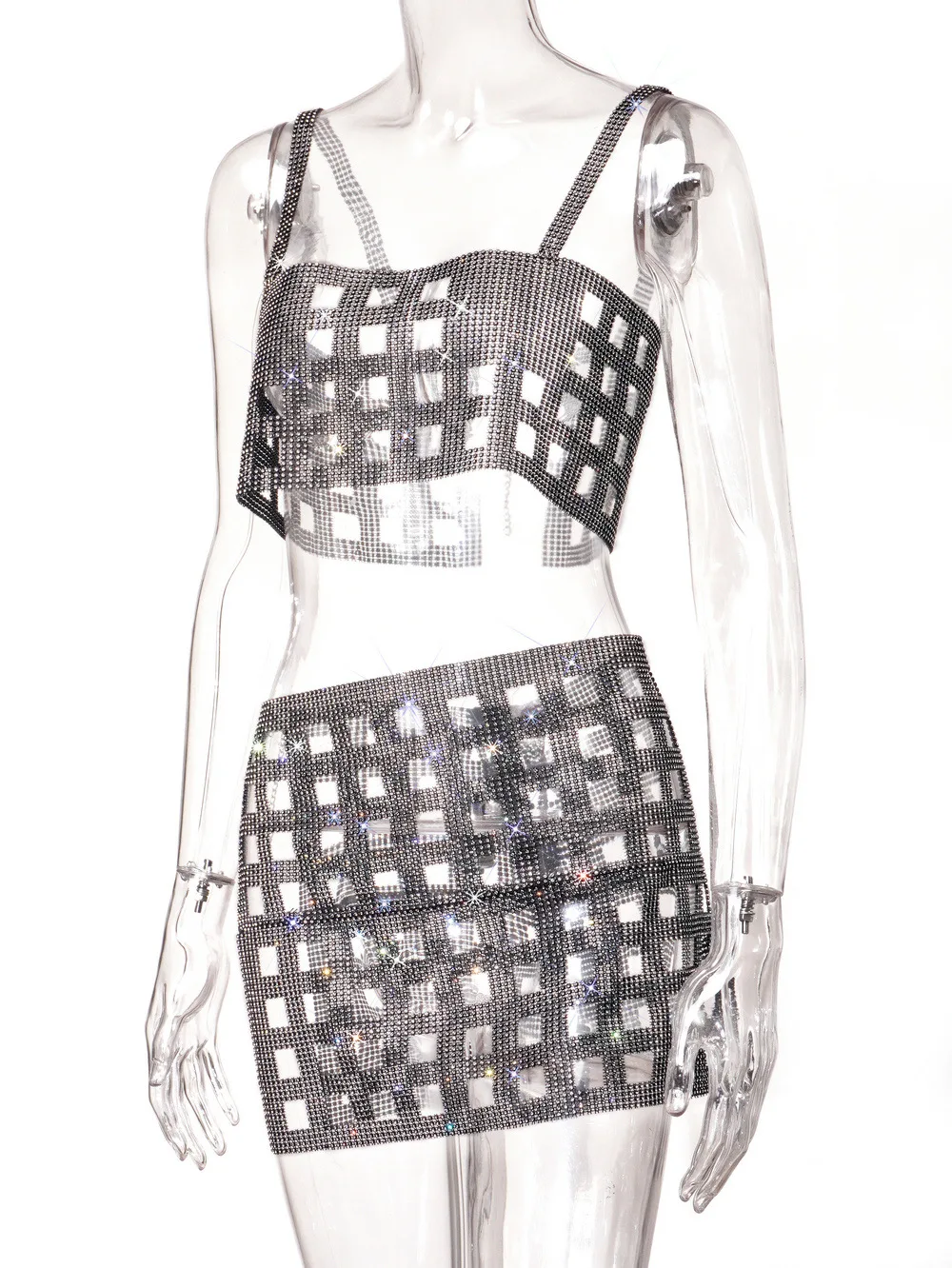 Shihan Luxury Mesh Crystal Rhinestone Strapless Crop Tops Black Fishnet ...