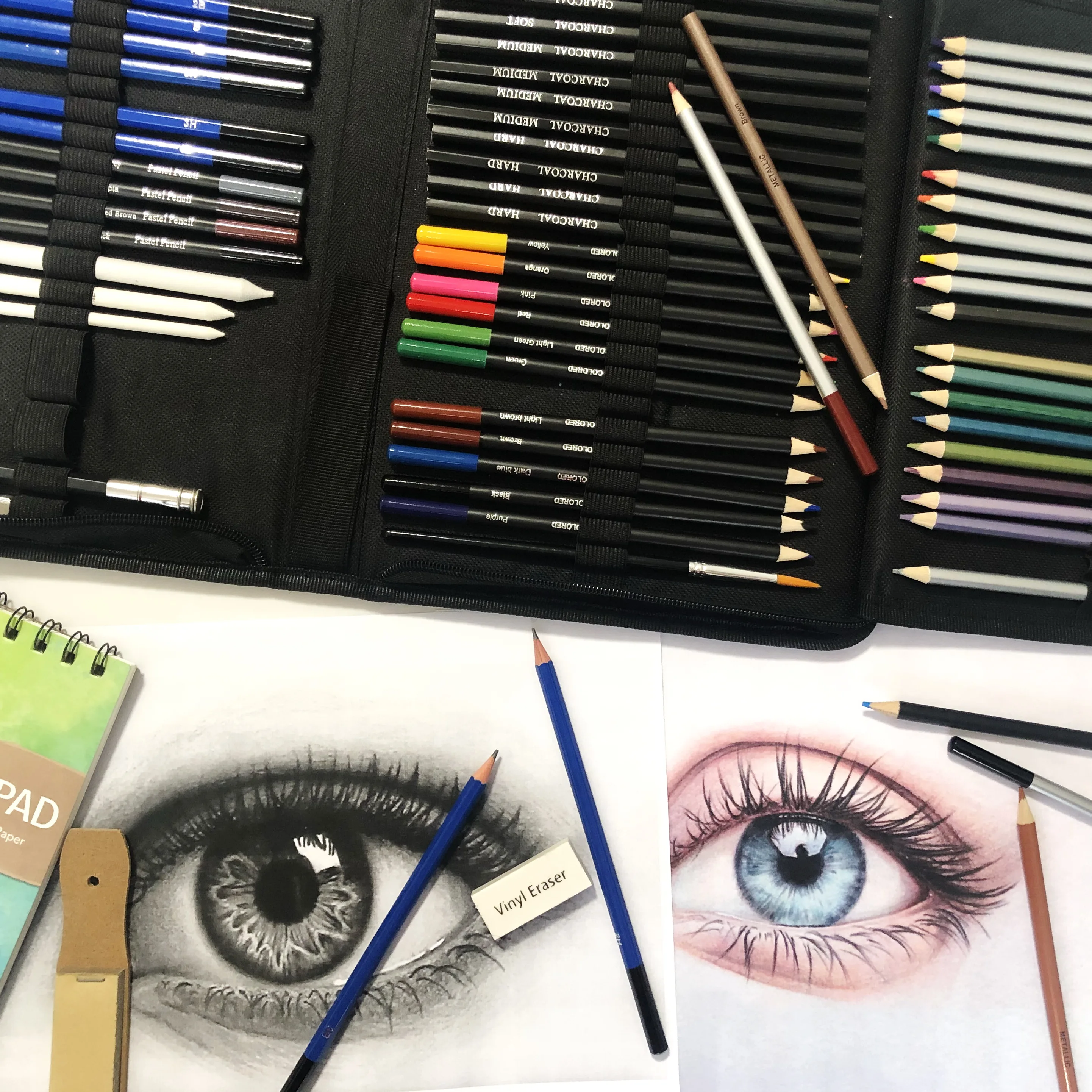 KALOUR Drawing Sketching Kit - 76pcs Charcoal & Colored Pencils