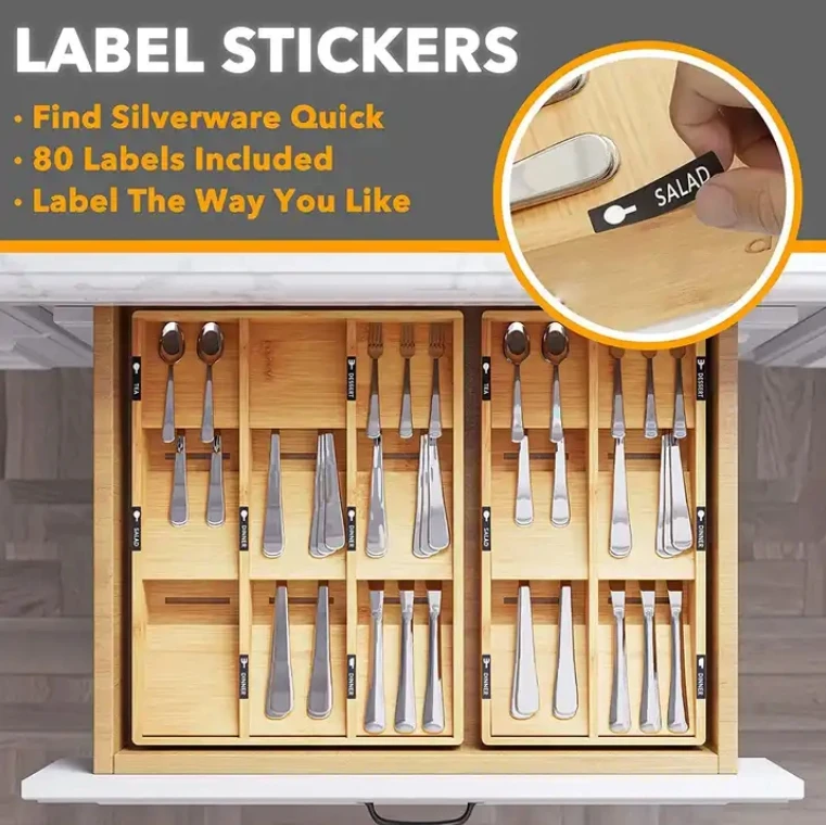 Labeled Bamboo Silver Drawer Storage Device For Storing Cutlery Spoons ...