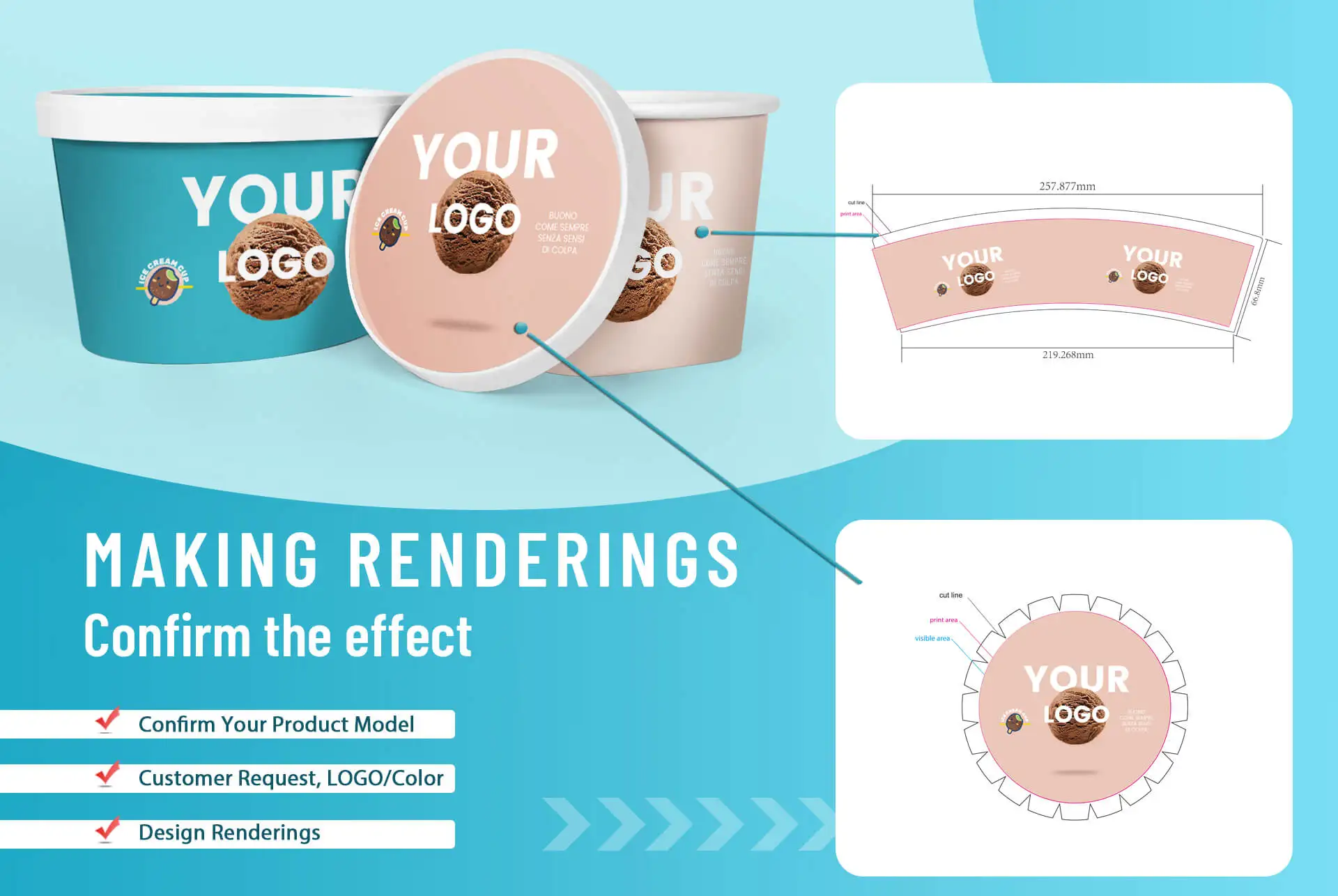 Custom Yogurt Packaging Boxes Frozen Sundae Gelato Container With Wooden Plastic Spoon Takeout ...