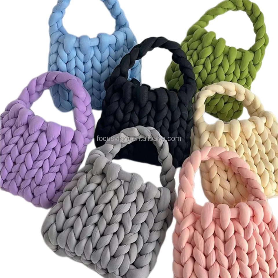 Women's Fashion Handmade Chunky Yarn Bags Soft Knitted Weaved Mini Tote ...