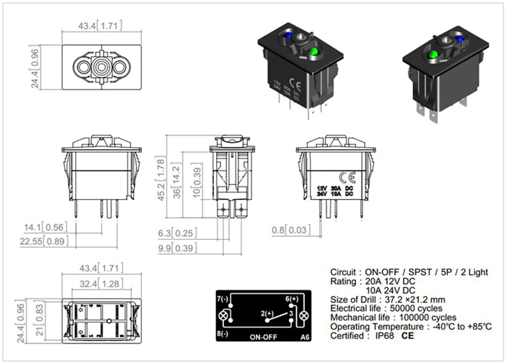 Waterproof 12V 24V 5 Pin SPST Rocker Switch for Auto & Marine