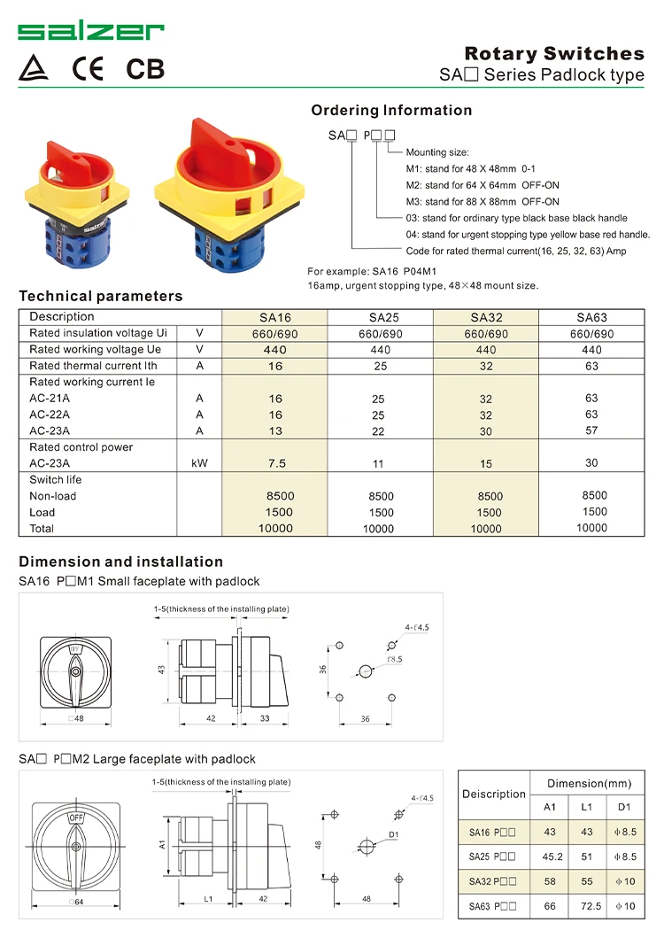 Salzer SAB16 16 Amp Rotary Switch - 3 Position CE Approved