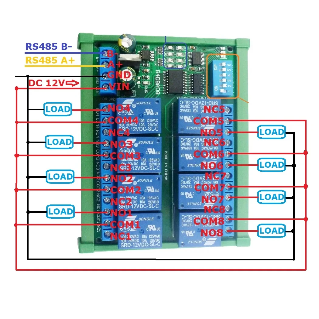 R4d8a08 Dc 12v 8 Channel Rs485 Relay Module Modbus Rtu Uart Remote ...
