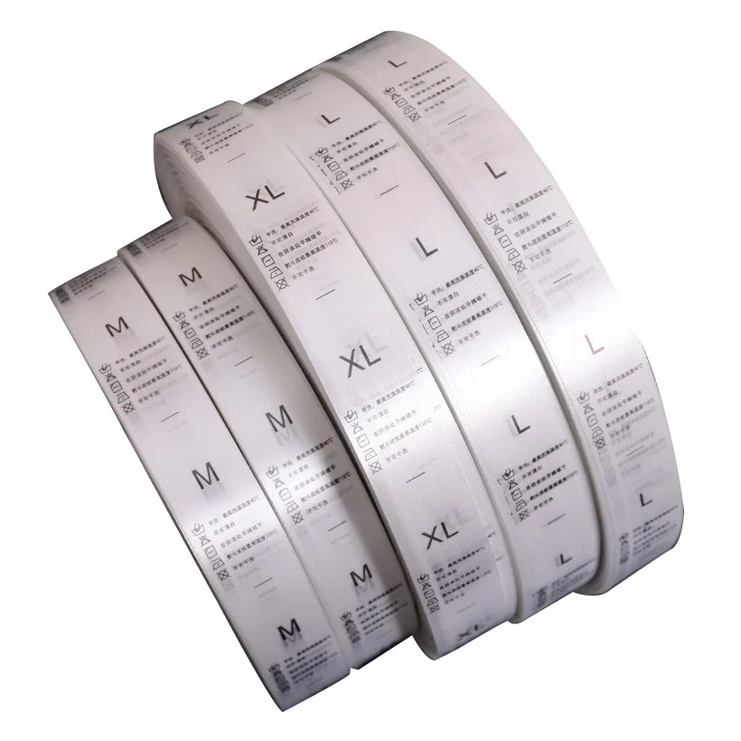 Custom silk printed satin woven garment labels white satin fabric wash ...