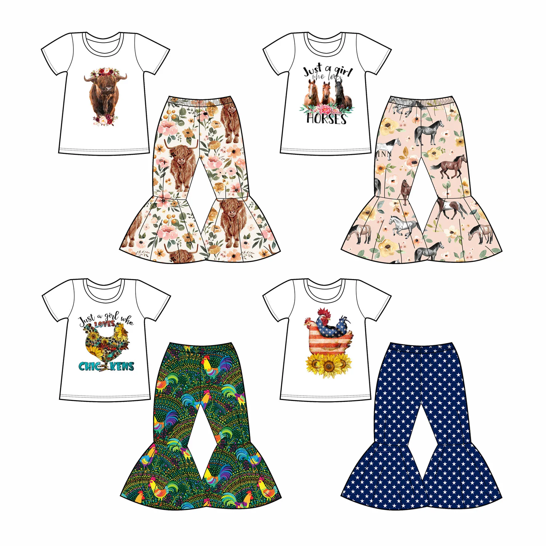 Kids Outfit Farm Animals Print Clothes 2 Piece Caw Floral Outfit Bell ...