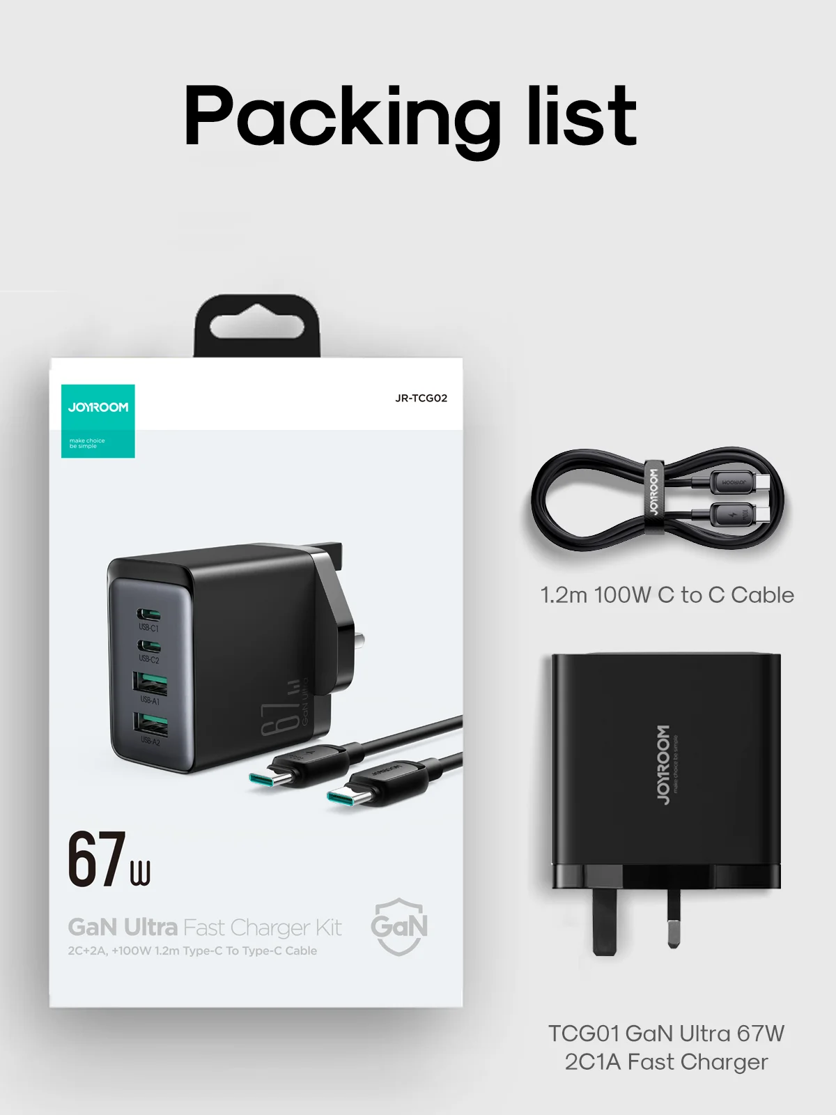 Joyroom Type C 2pd 2qc Gan Charger Fast Charger 67w Charger With C T C ...