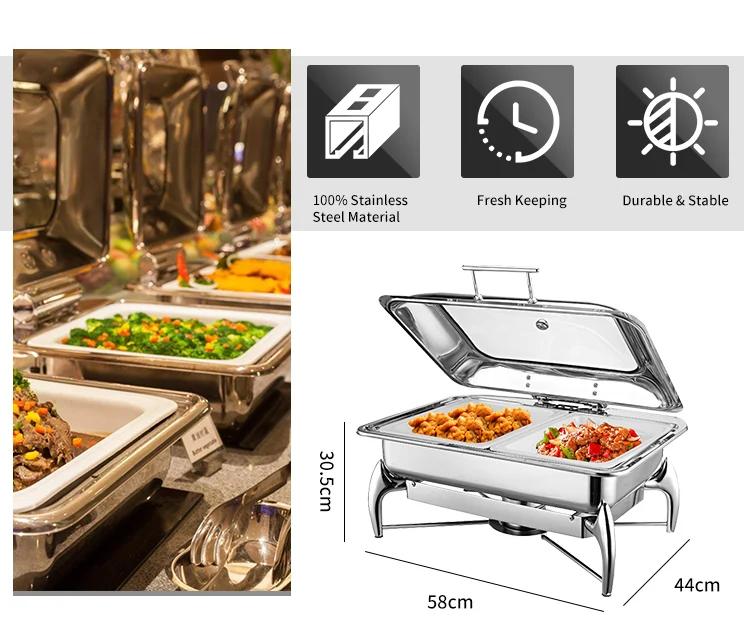 Luxury Buffet Equipment Stainless Steel Gold Glass Chafing Dish Roll Top Hydraulic Chaffing ...