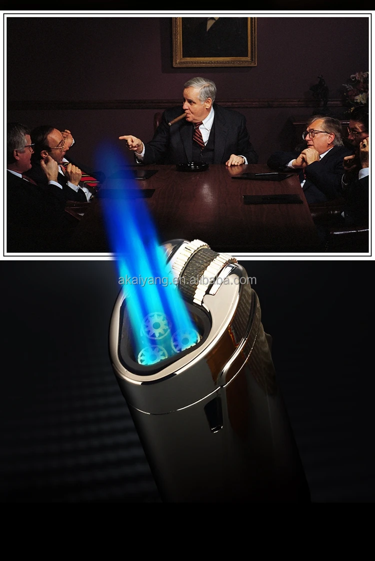 Smoke Lighter Portable Zinc Alloy Triple Blue Flame Butane Gas Torch ...