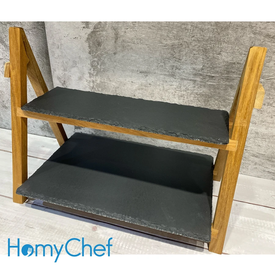 2-tier Natural Slate Buffet Server With Foldable Acacia Wooden Frame ...