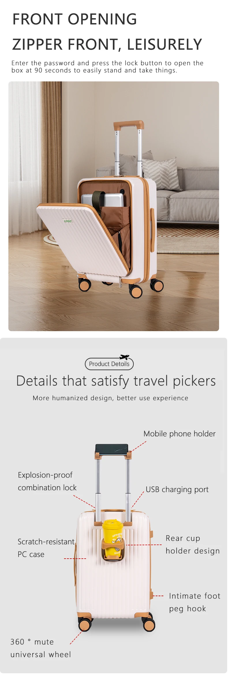 Multifunctional Lightweight Hardside Suitcase with USB Charger & Cup ...