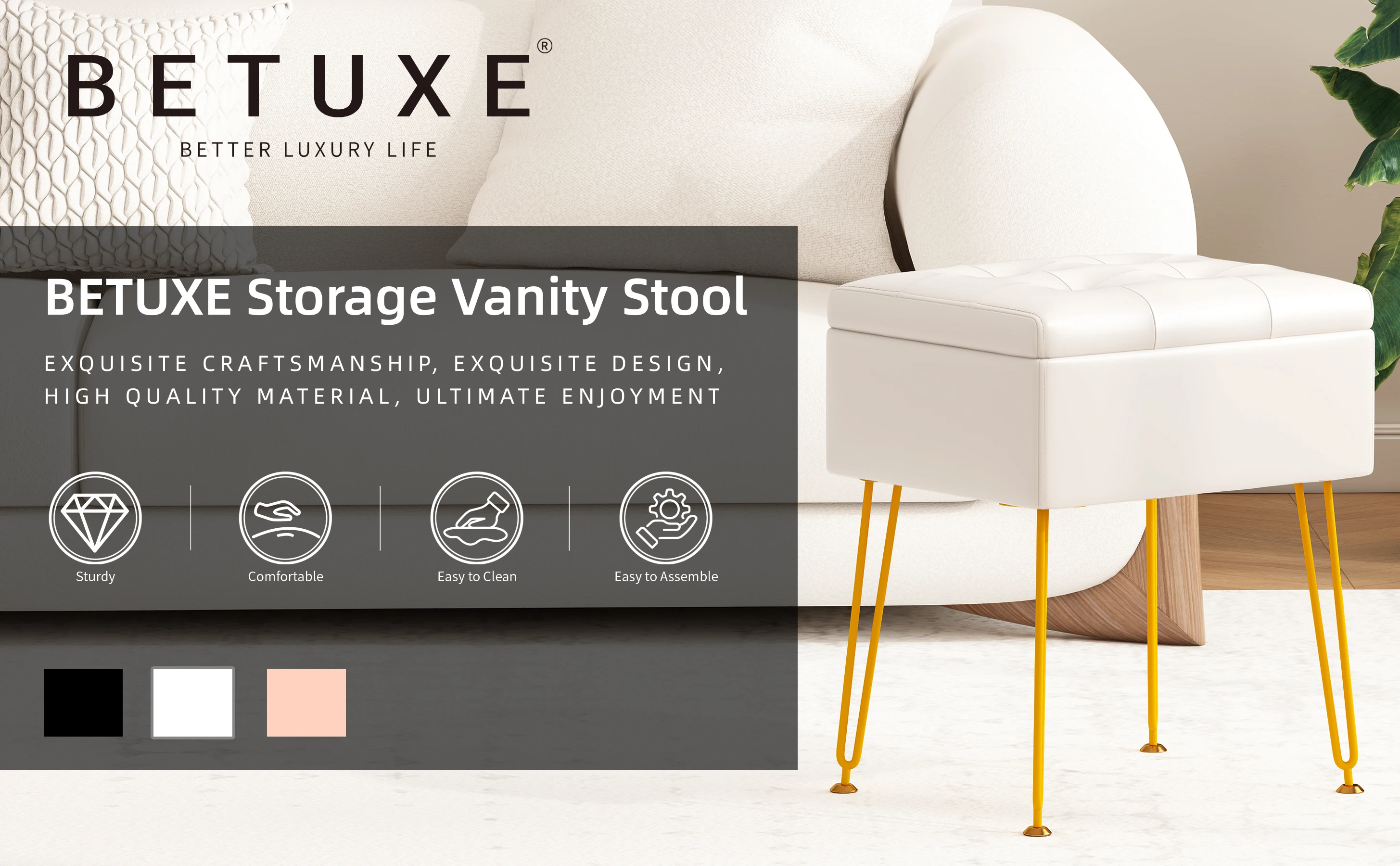 Modern Soft Vanity Stool Ottoman Storage Luxury Leather Chair for ...