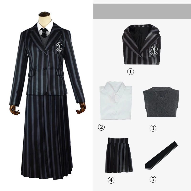 Wednesday Addams Family Cosplay Costume Addams Printing Dress Wig Hair ...