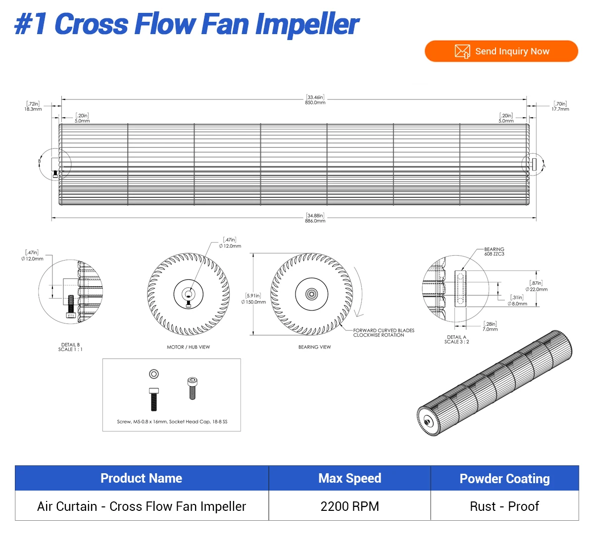 High quality DC 12v 24v Tangential fan metal impeller mini cross flow ...