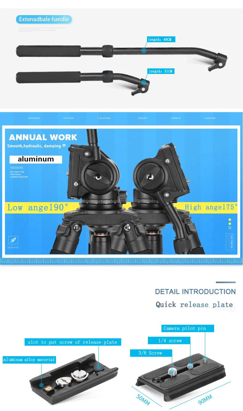 QZSD Camera Tripod Q880 Aluminum Tripod 158&193cm Professional Vlog Stand 10kg Load Telescopic ...