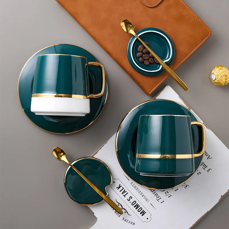 Custom Ceramic Cup Saucer Set Colored Glaze Luxury Gold Rim Porcelain ...