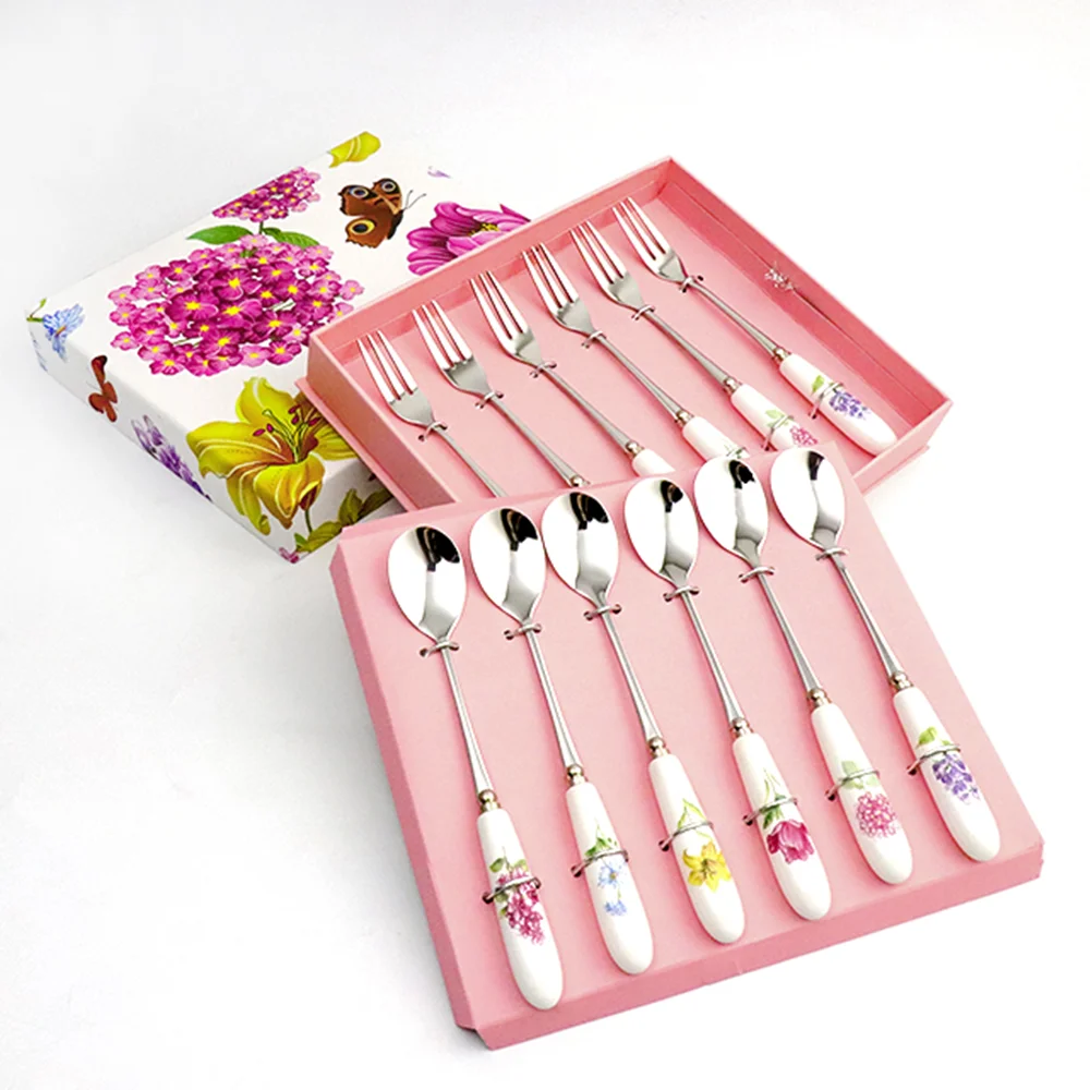 12pcs Stainless Steel Spoon Fork Set With Ceramic Handle Tea Forks ...