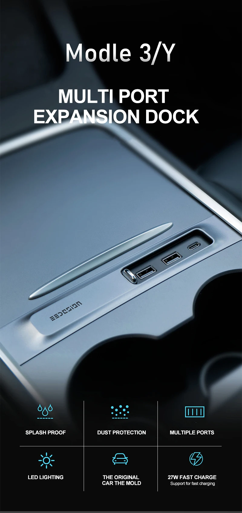 Car Expansion Dock With Auxiliary Lights On 2usb Port Typc Fast ...