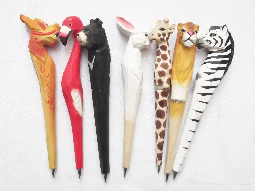 Hand-painted Pen Cartoon Wood Carved Animal Shape Pen