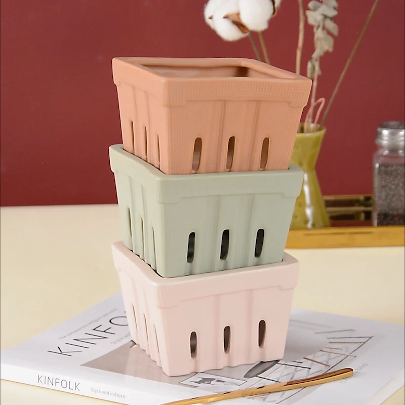 Farmhouse Fruit Bowl Container Textured Stoneware Colander Square ...