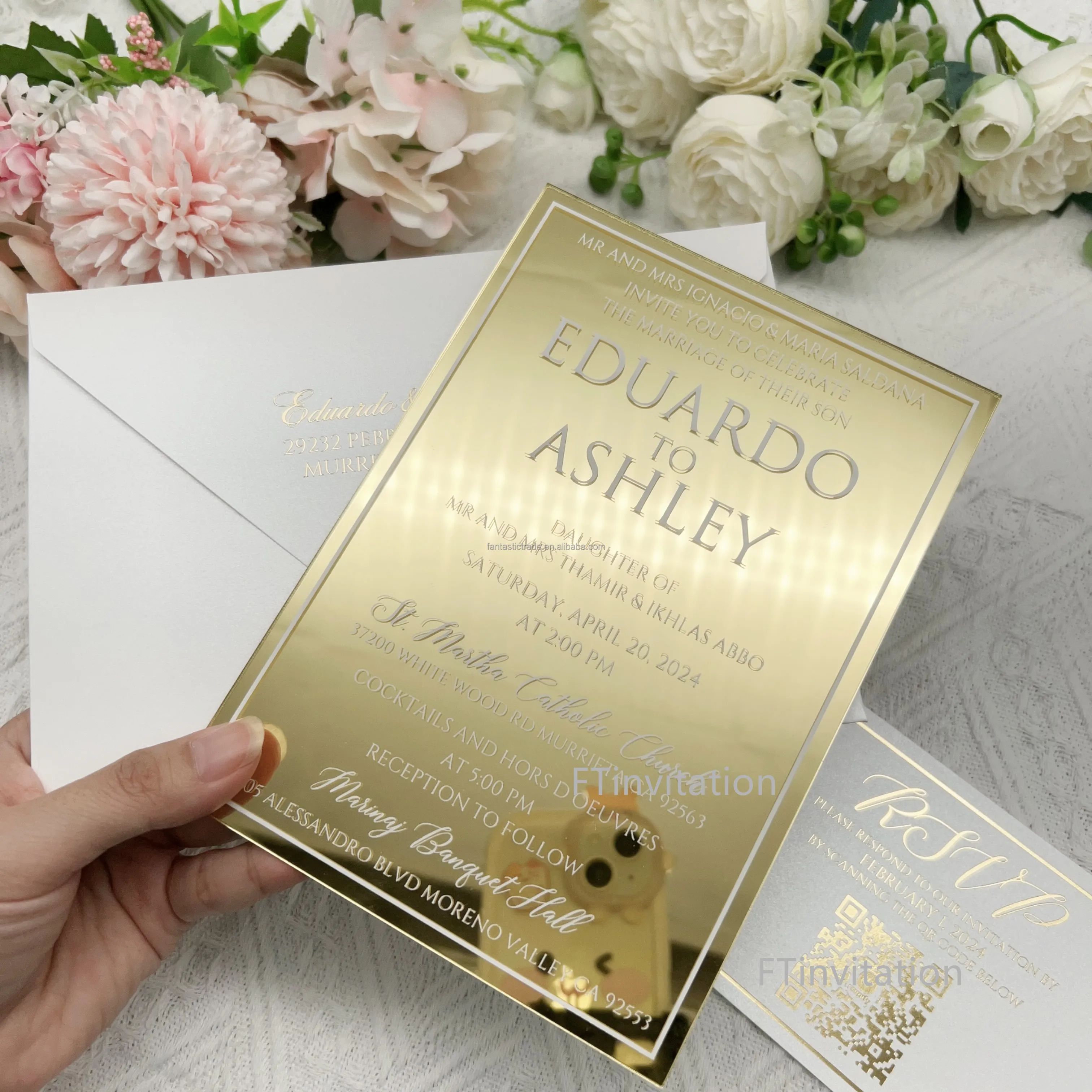 Custom Printing Gold Mirror Acrylic Invitations for Weddings