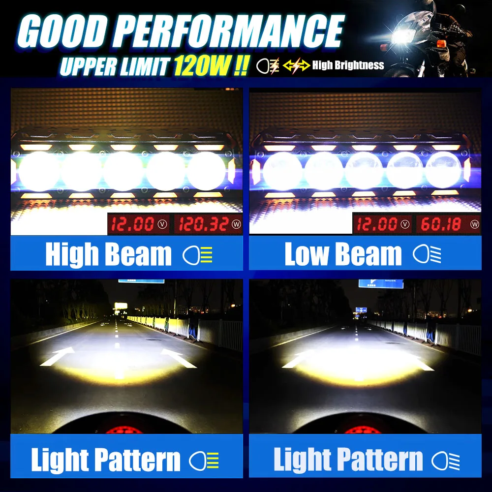 MOTOLED Motorcycle Headlight Mini Driving LED Light Bar 120W 25000LM 5 ...