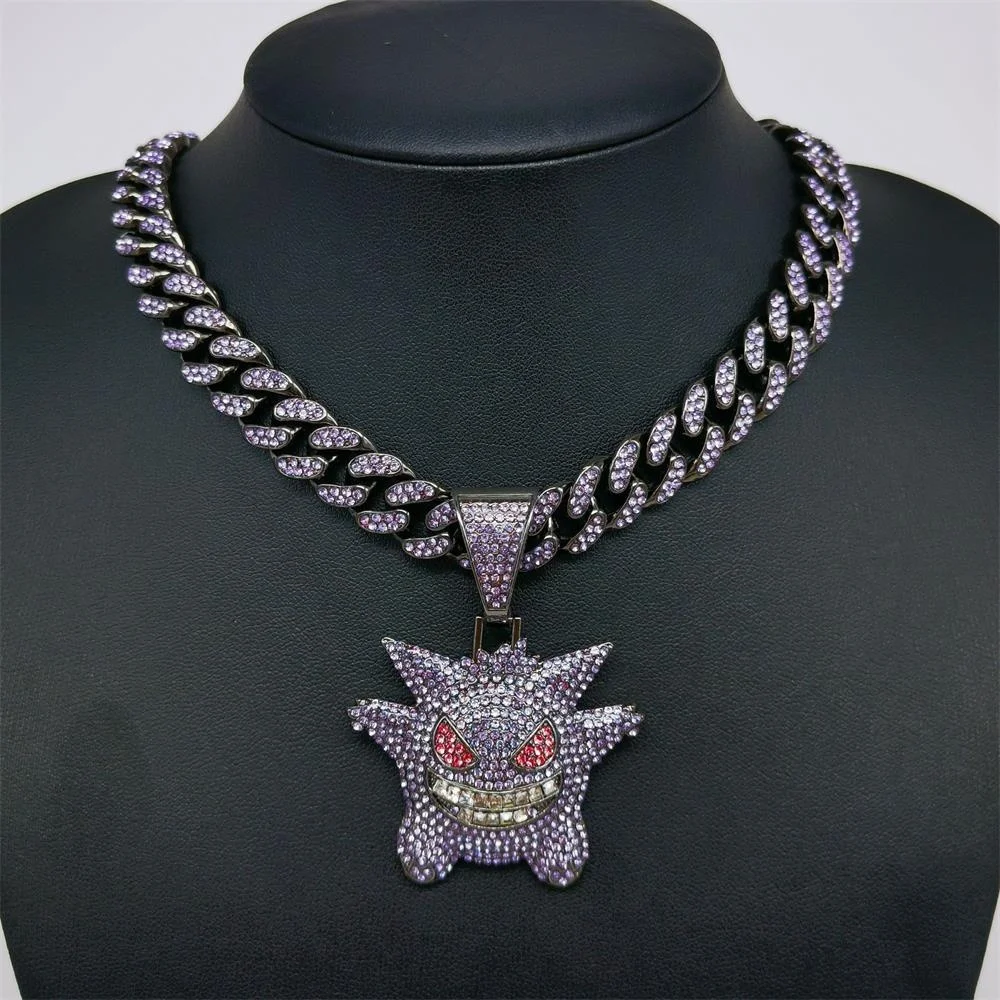 Iced Out Cuban Link Chain Necklace with Gengar Funny Elf Pendant - Hip ...