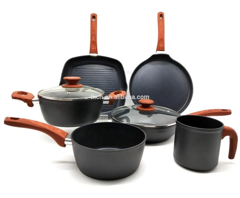 FORGED ALUMINUM COOKWARE SET WITH WOODEN EFFECT HANDLE| Alibaba.com