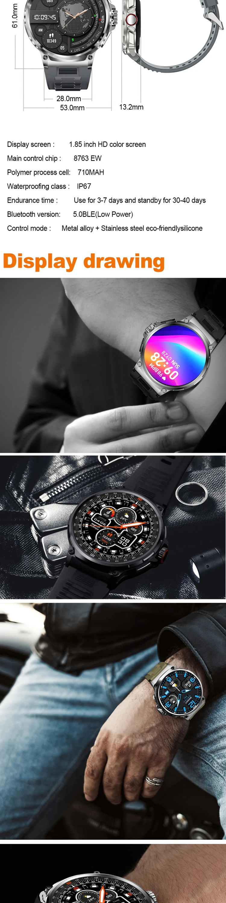 1.85 Inch Smart Watch V69 with 710mAh Battery, BT Call, Heart Rate ...