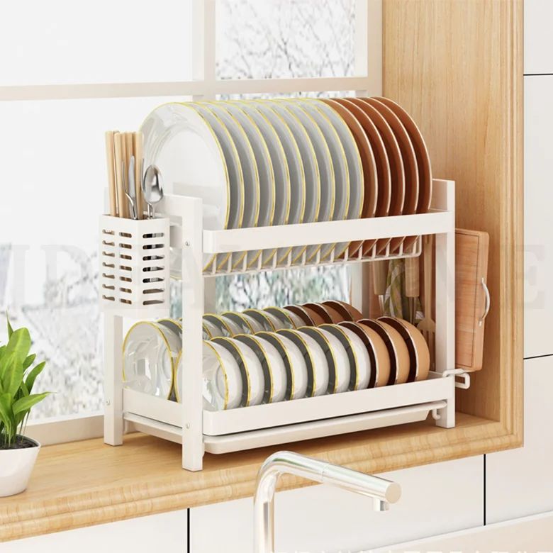 White 2 Layer Metal Dish Drying Rack Multifunctional Drying Storage ...