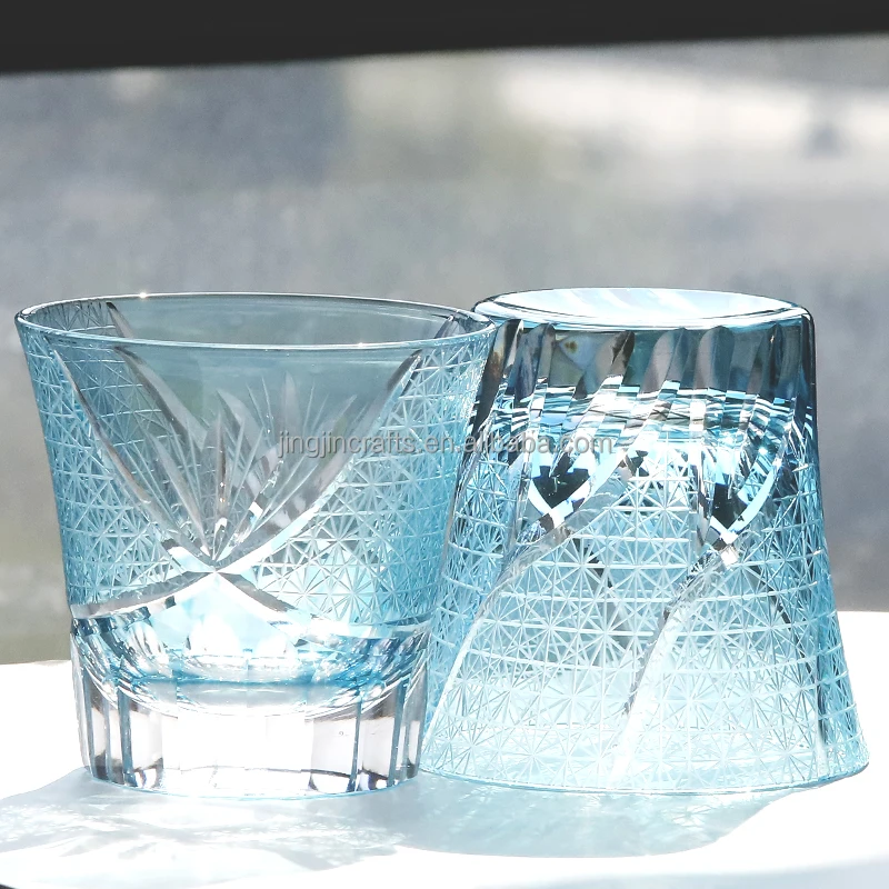 Hand Cut Edo Kiriko Glass Cup Tumbler - Sky Blue Whisky Glass