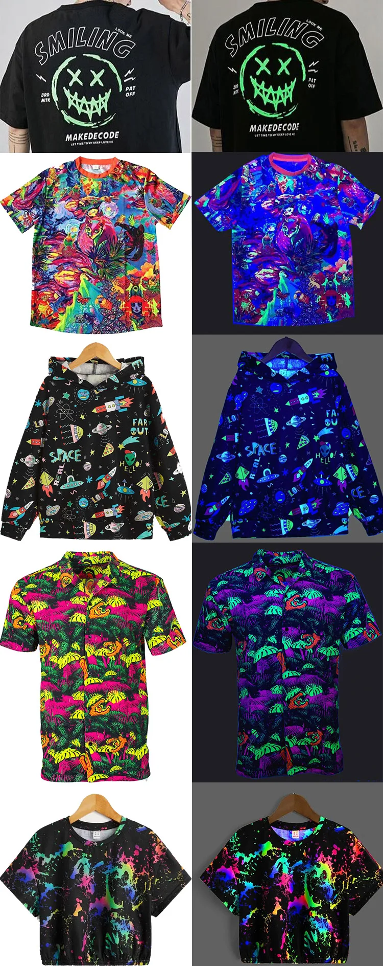 Hip-hop Neon Uv Reflective Fluorescence T-shirt Printing Glow In Dark ...