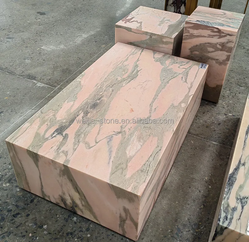 Modern Low Plinth Marble Coffee Table - Italian Pink Calacatta Viola