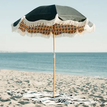 White Boho Patio Macrame Vintage Beach Umbrella Wooden Pole Cotton ...