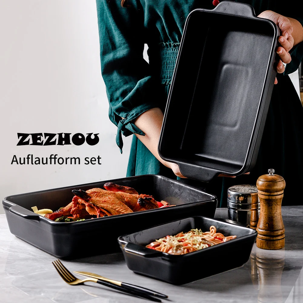 Luxury Matte Black Glazed Ceramic Baking Dish Set Of 3 Non Stick ...