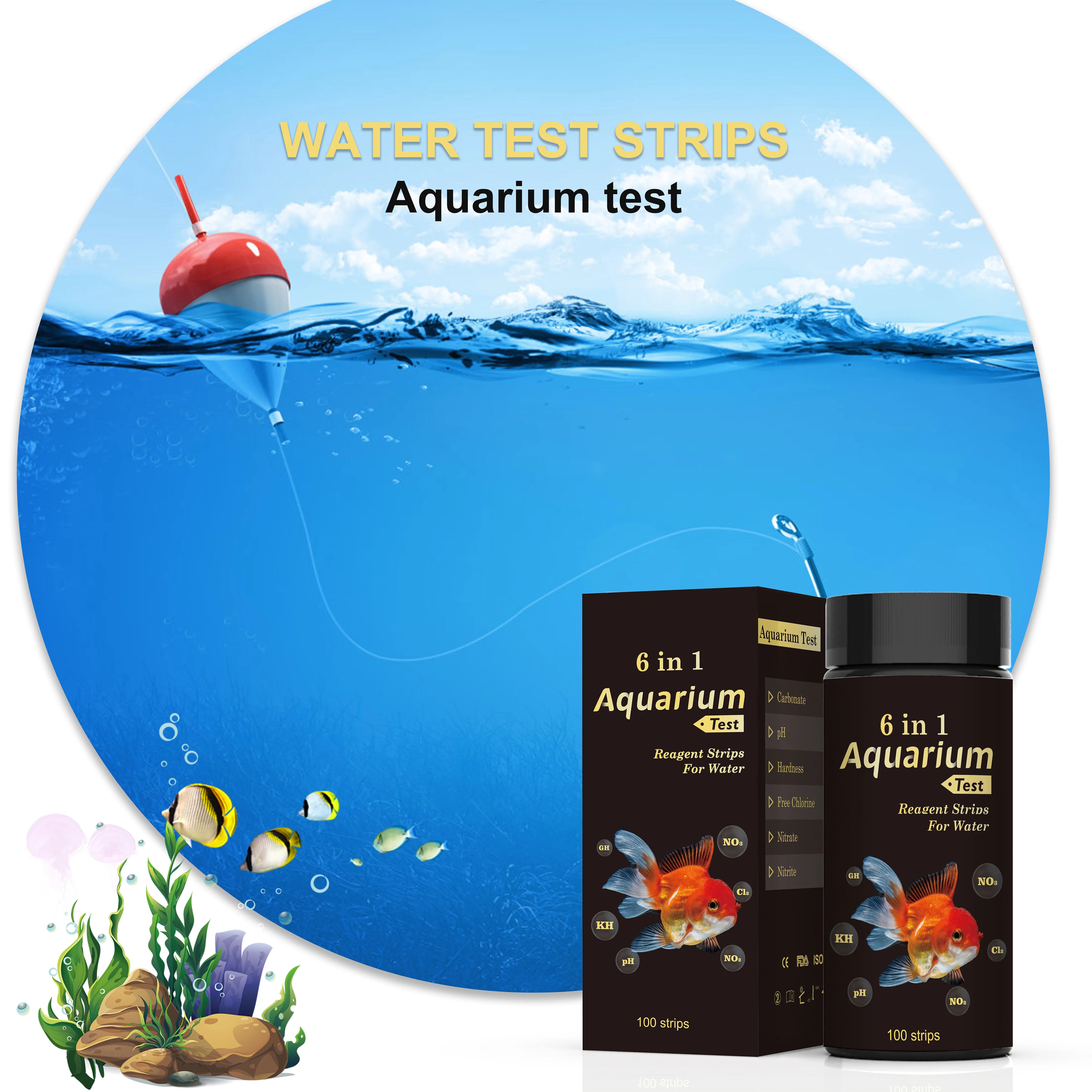 6-in-1 Aquarium Water Analysis Test Strips Plastic Ph Hardness Chlorine ...