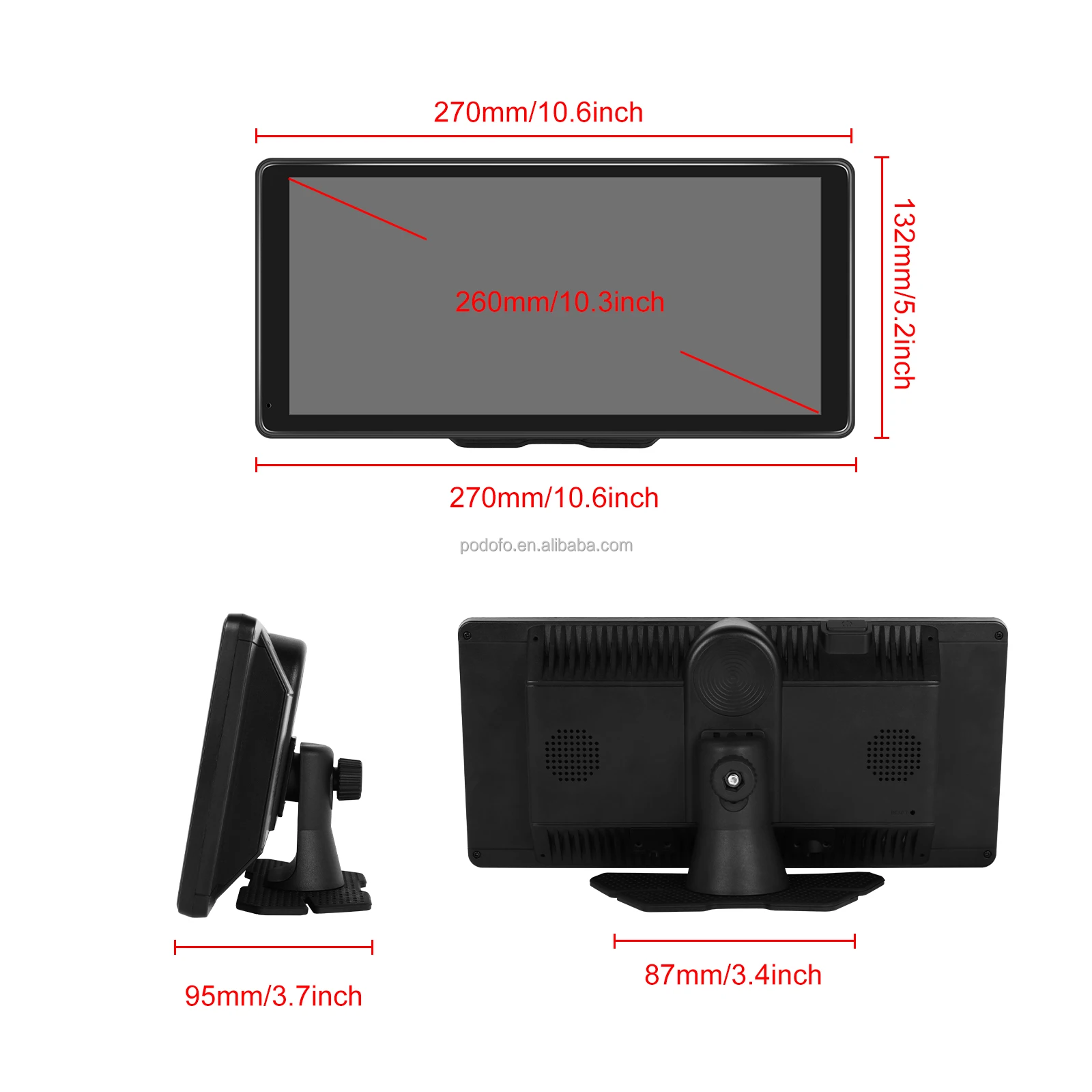 Podofo Portable Carplay & Android Auto Car Radio - 10.36" Touch Screen