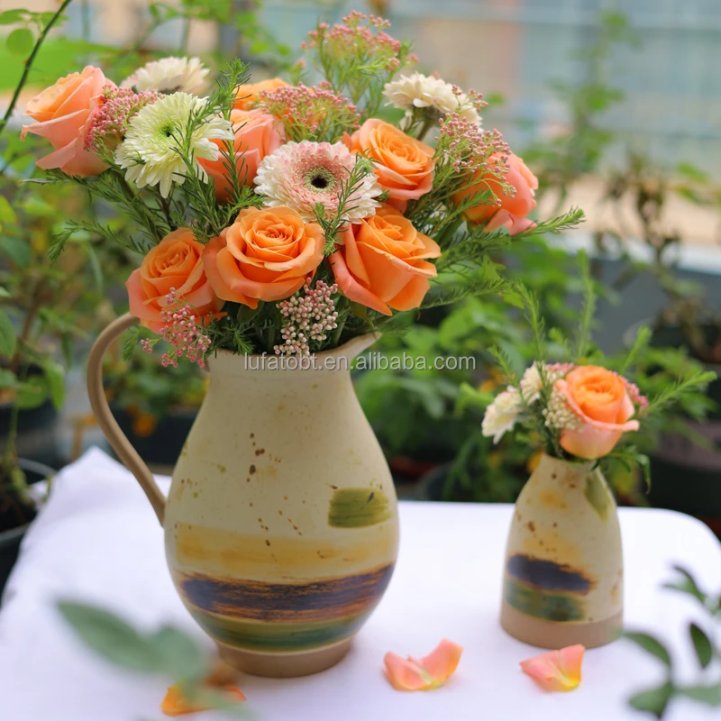 Retro Abstract Hand Painted Pitcher Shape Flower Earthy Color Ceramic ...