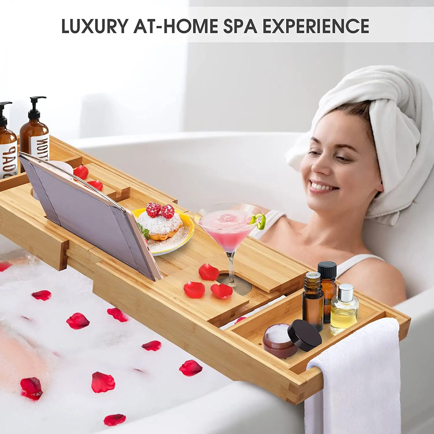 Foldable Wooden Bath Tray Creative Retractable Bath Stand Adjustable ...