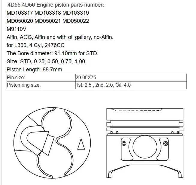 Engine Piston 4d55 4d56 For Diesel Engine Part Diameter 91.1mm Md103318 ...