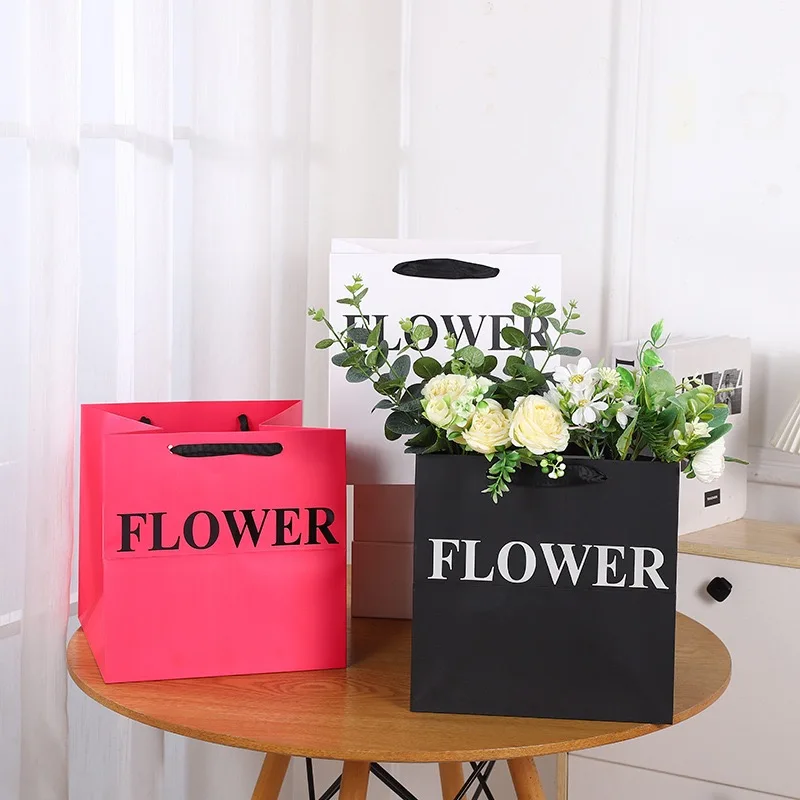 Fashion square white paper flower bouquet floral packaging carry gift ...