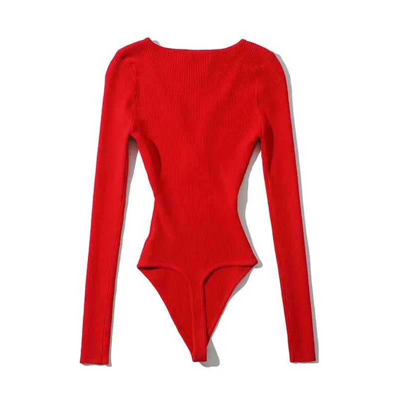 Sexy Open Covered Buttons V Neck Ribbed Knitting Long Sleeve Bodysuit ...