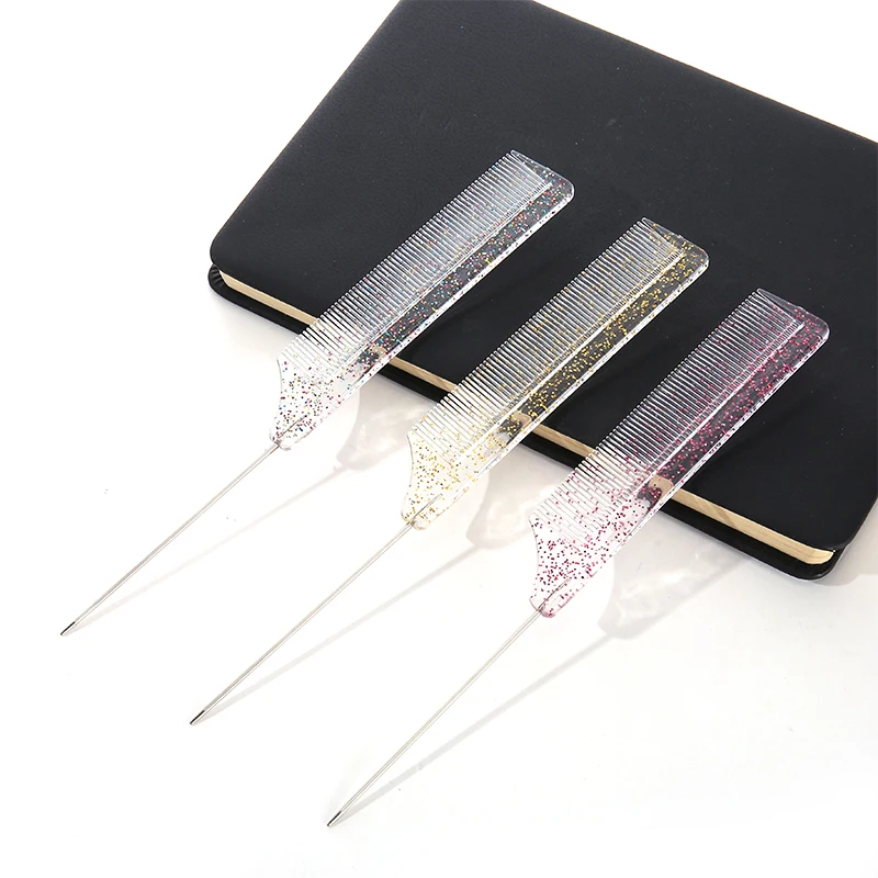 Colorful Clear Pink Glitter Hair Comb Stainless Steel Pin Tail ...