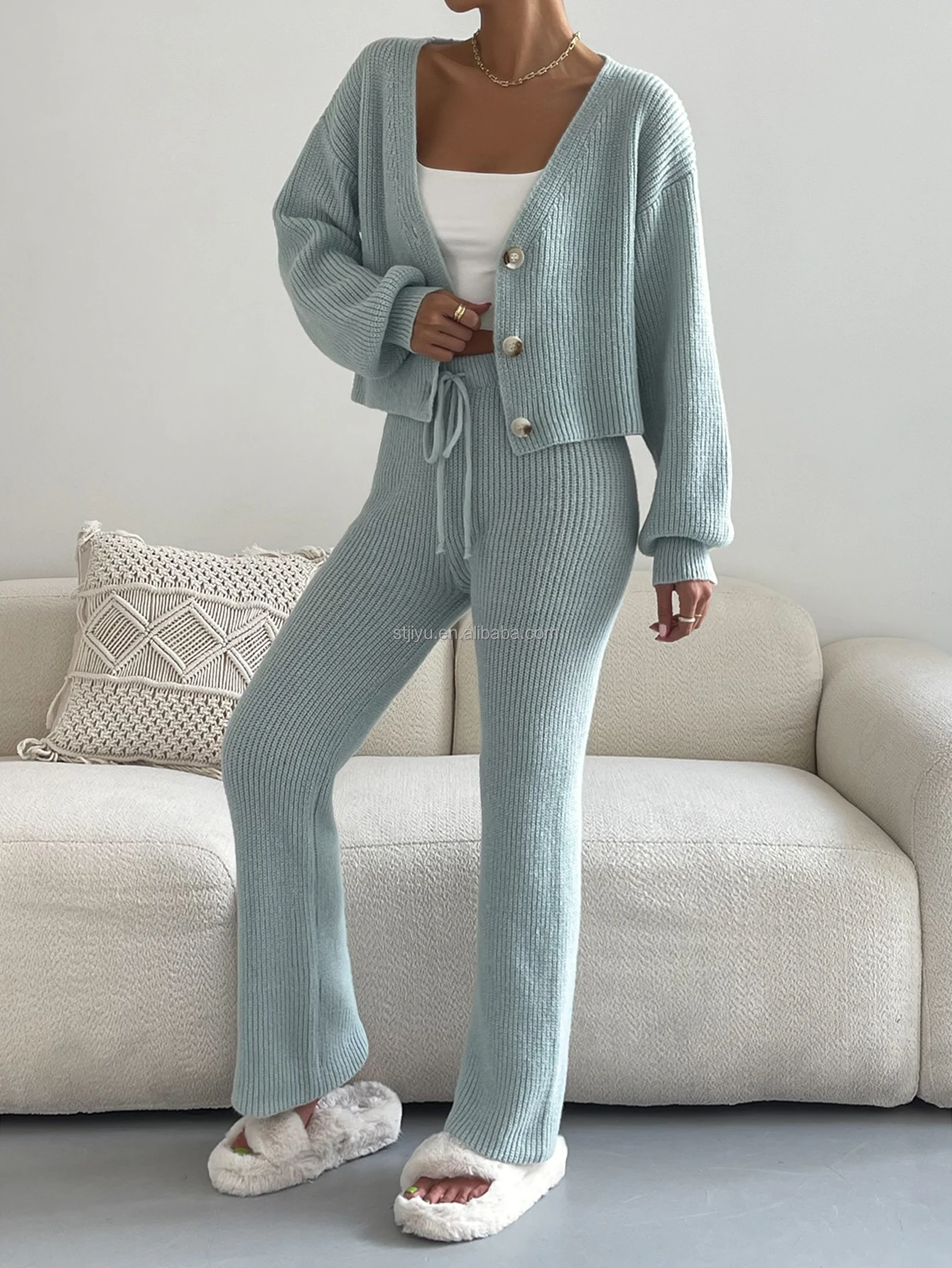 Winter Women's Two Piece Sweater Set - Knit Cardigan & Pants