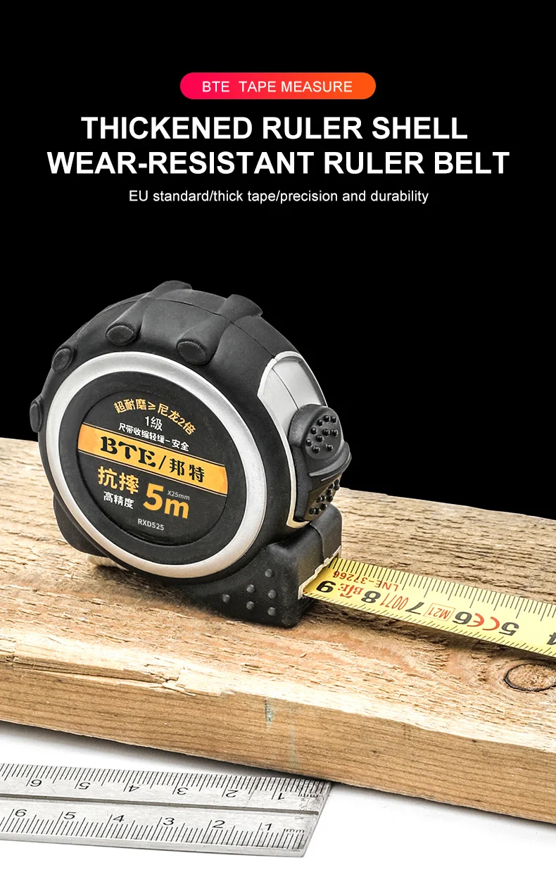BTE 2025 Retractable Tape Measure Steel Ruler ABS TPR Rubber Coat 3M 5M ...