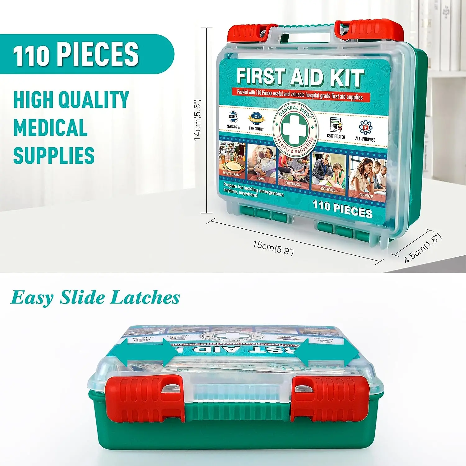 110 Piece Emergency Medical First Aid Kit Compact First Aid Kit Box for ...